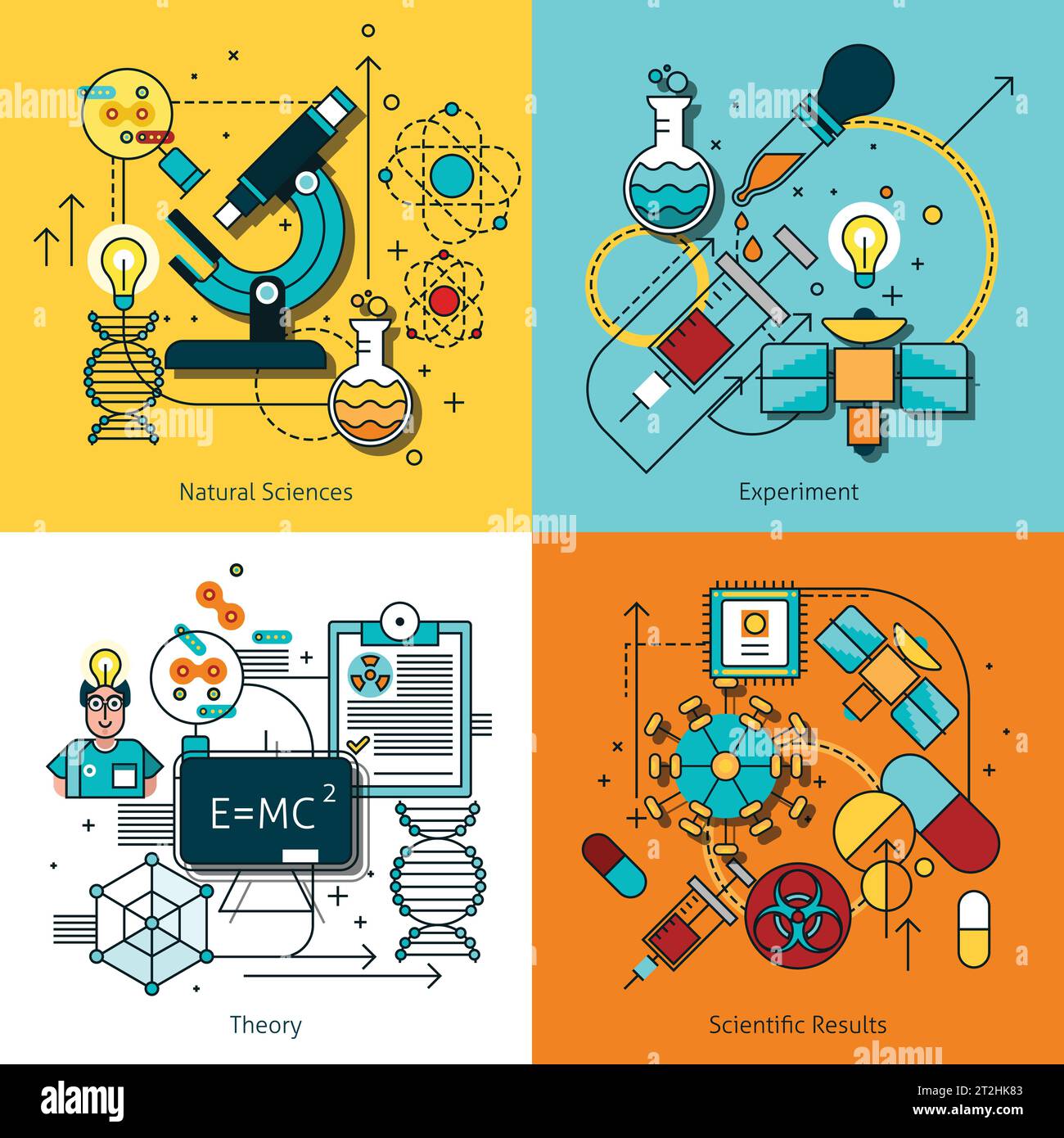 Science concept line icons set with theory and experiment symbols flat ...