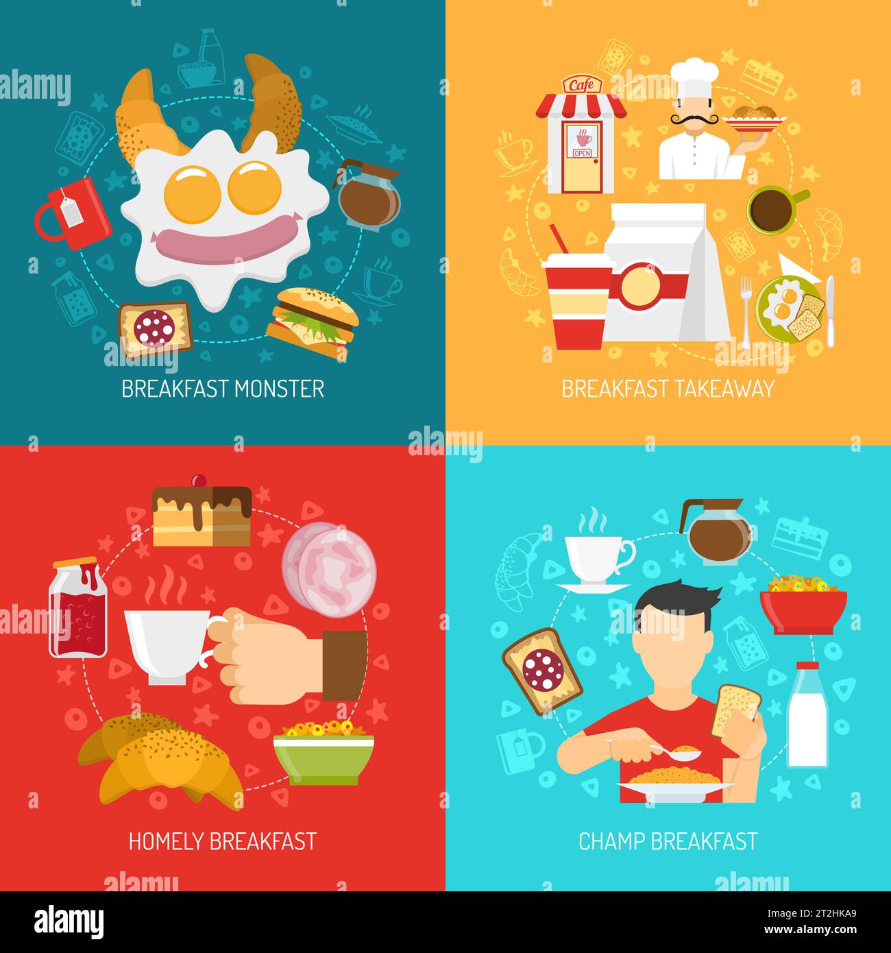 Breakfast concept icons set with champ and takeaway breakfast symbols flat isolated vector ...