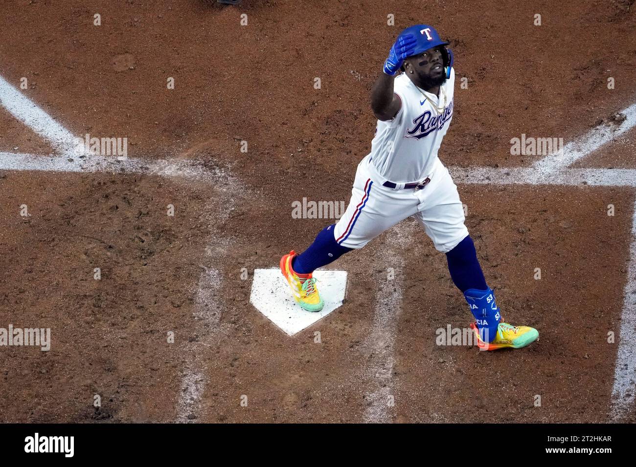 Texas Rangers' Adolis Garcia celebrates after hitting a home run ...
