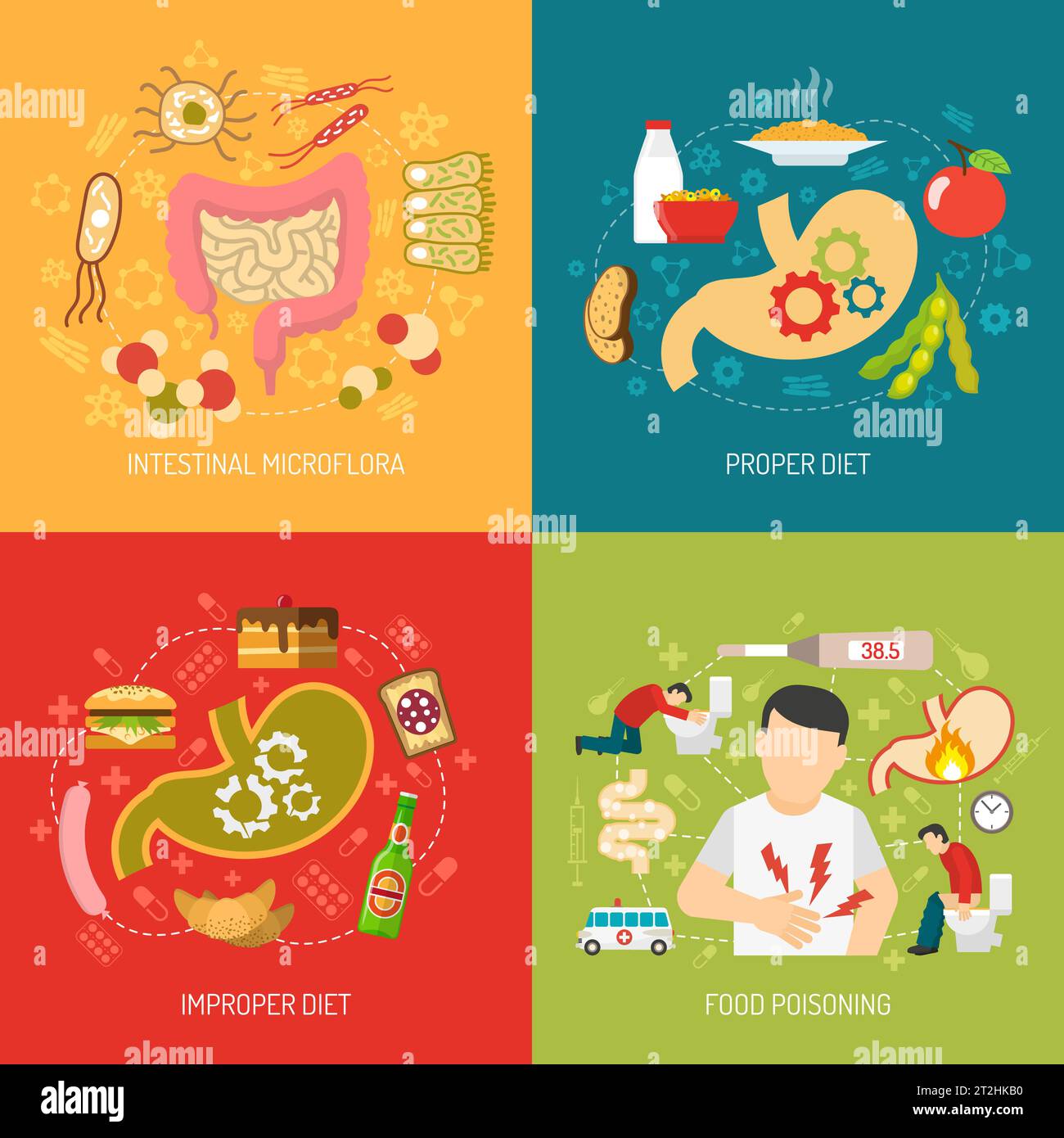 Digestion concept icons set with intestinal microflora and proper diet ...