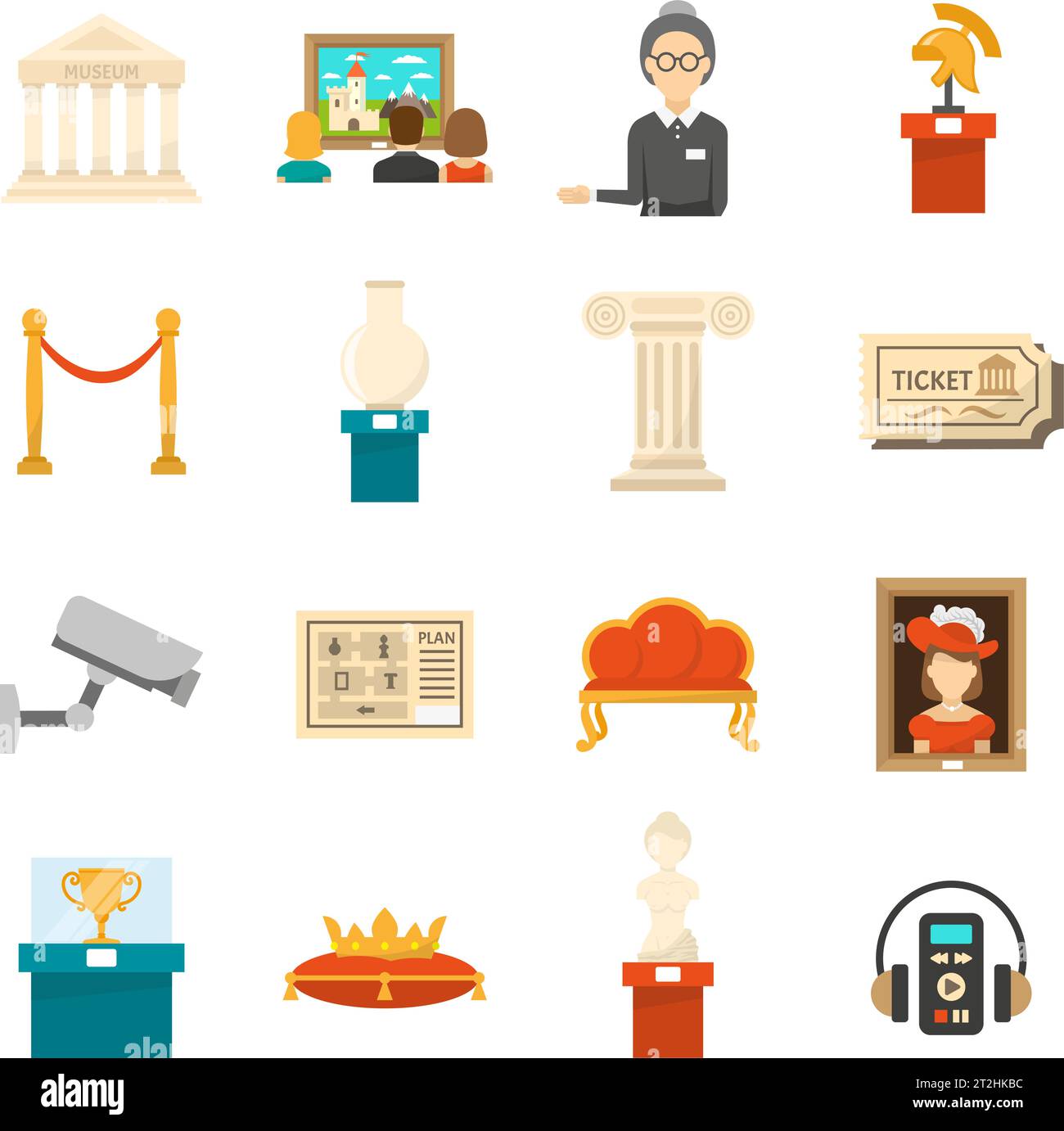 Museum decorative flat color icons set of exhibits audio guide ...