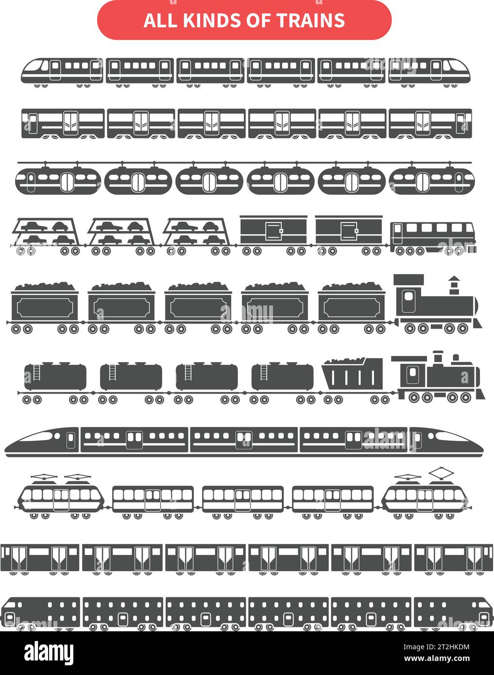 Subway and railroad train black decorative icons set isolated vector ...
