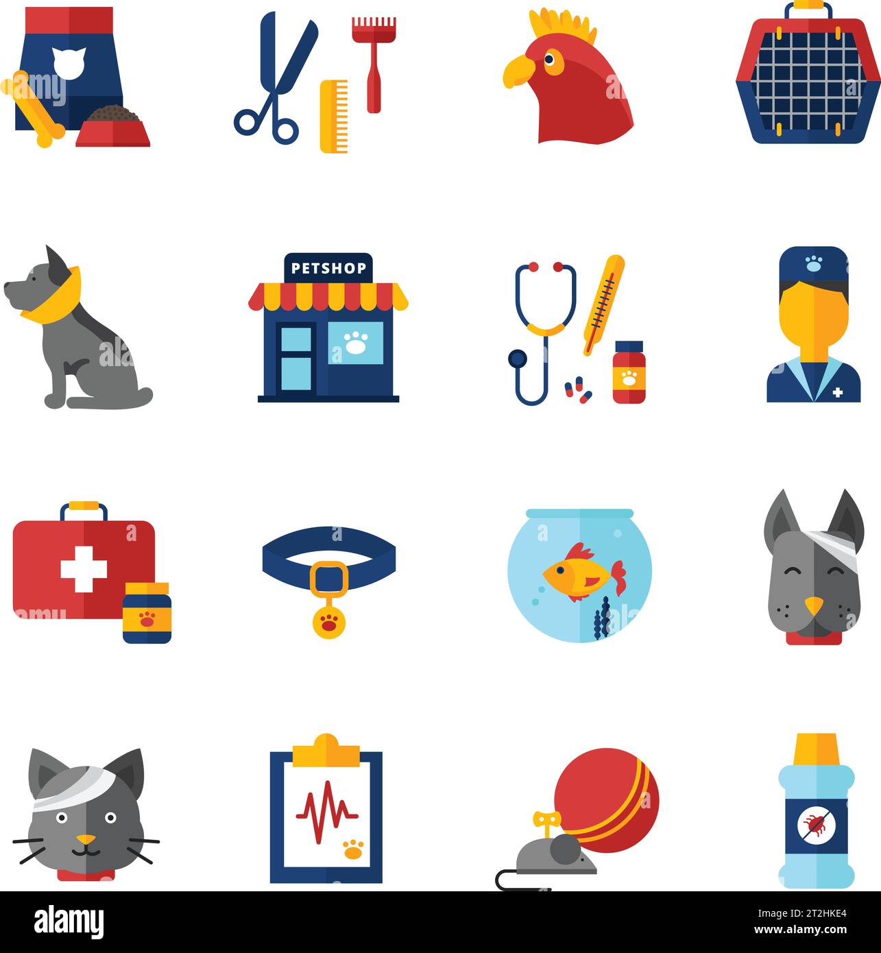 Pet vet decorative icons set with home animals pet shop medical bag ...