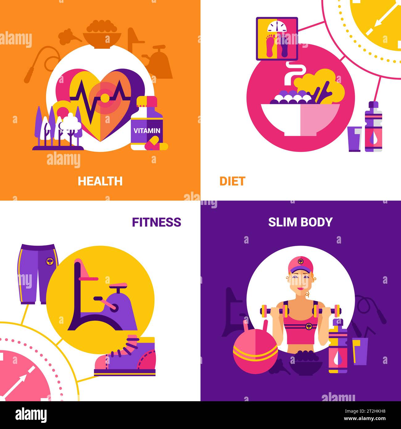 Fitness 2x2 flat design concept set with icons of healthy food wellness ...