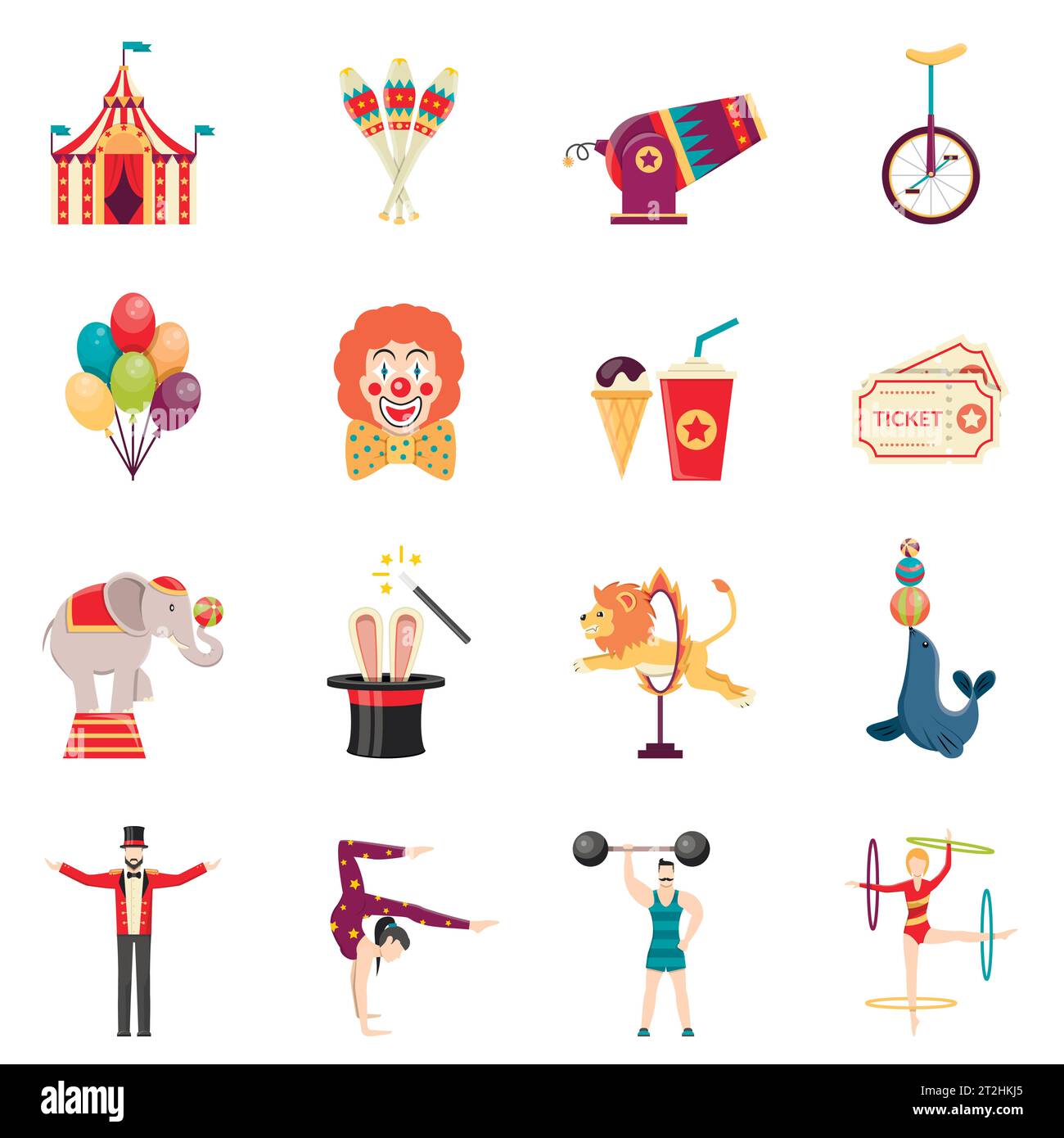 Circus performance flat color icons set with clown balloons tent ...