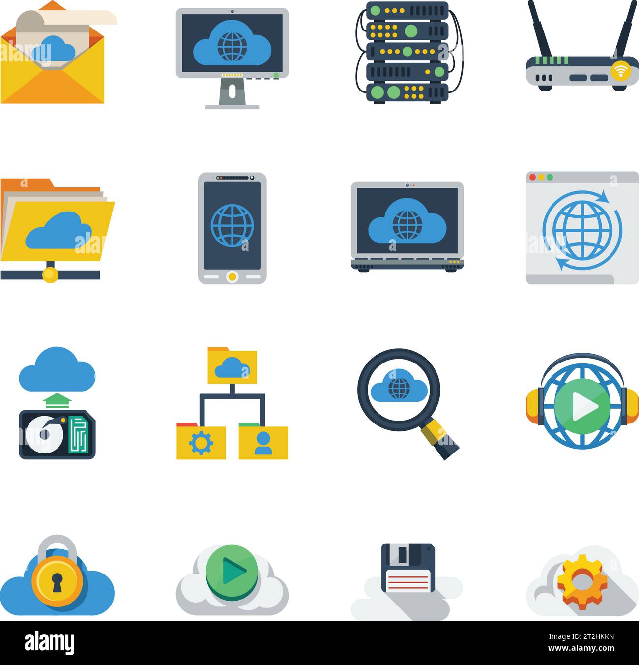 Cloud service flat color icons set of router smartphone laptop hub ...