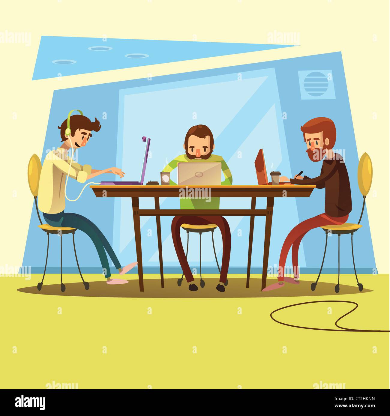 Coworking and business with table and discussion symbols cartoon vector ...
