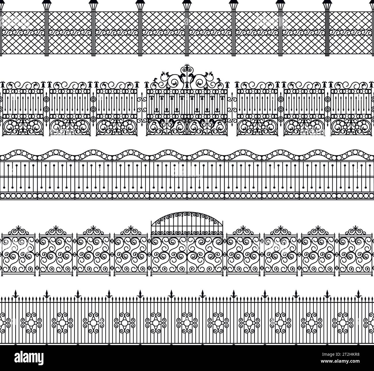 Fences black white border pattern set with forged metal flat isolated ...