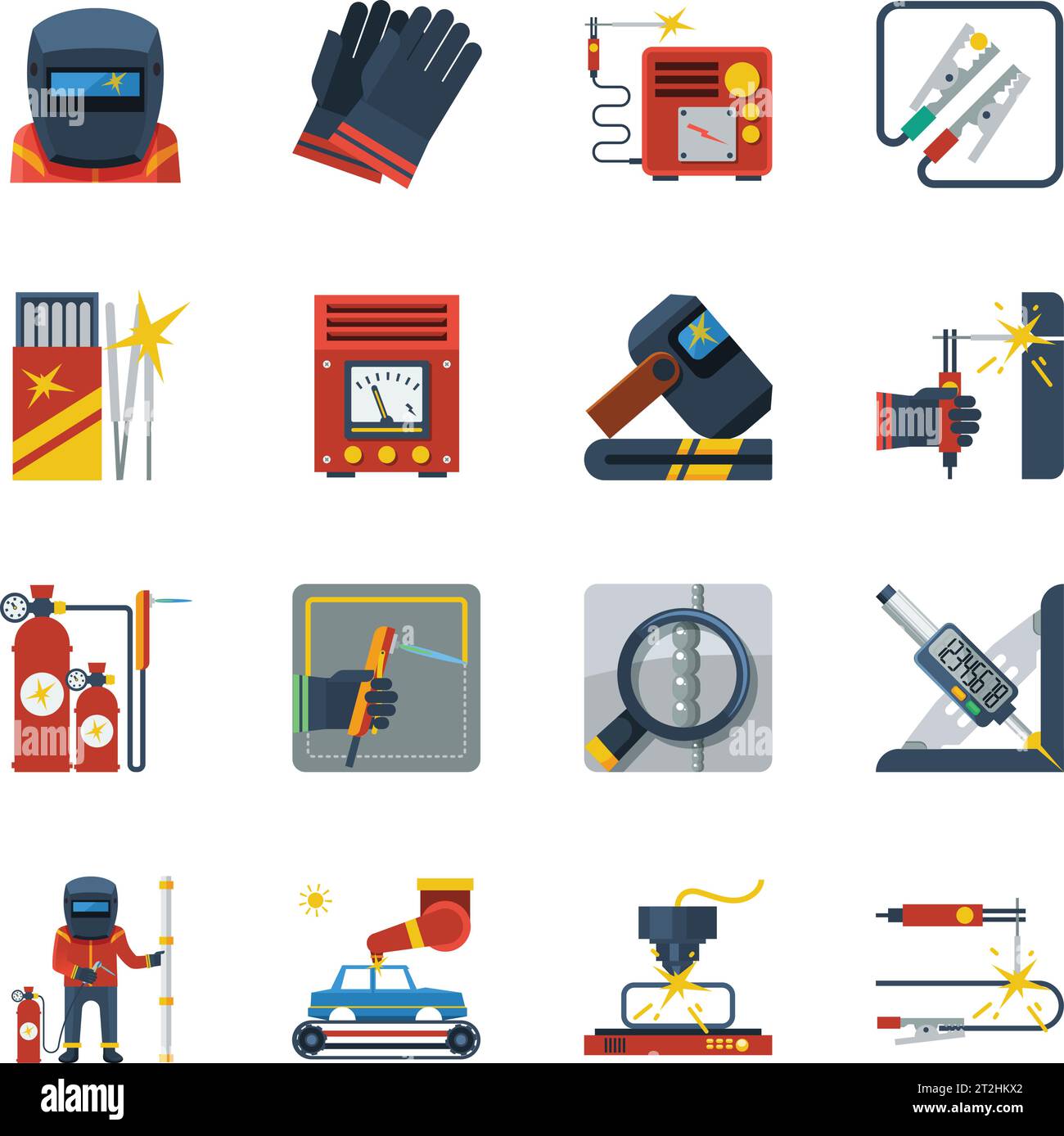 Welding flat color icons set of gas cylinders rubber gloves helmet gas burner isolated vector ...