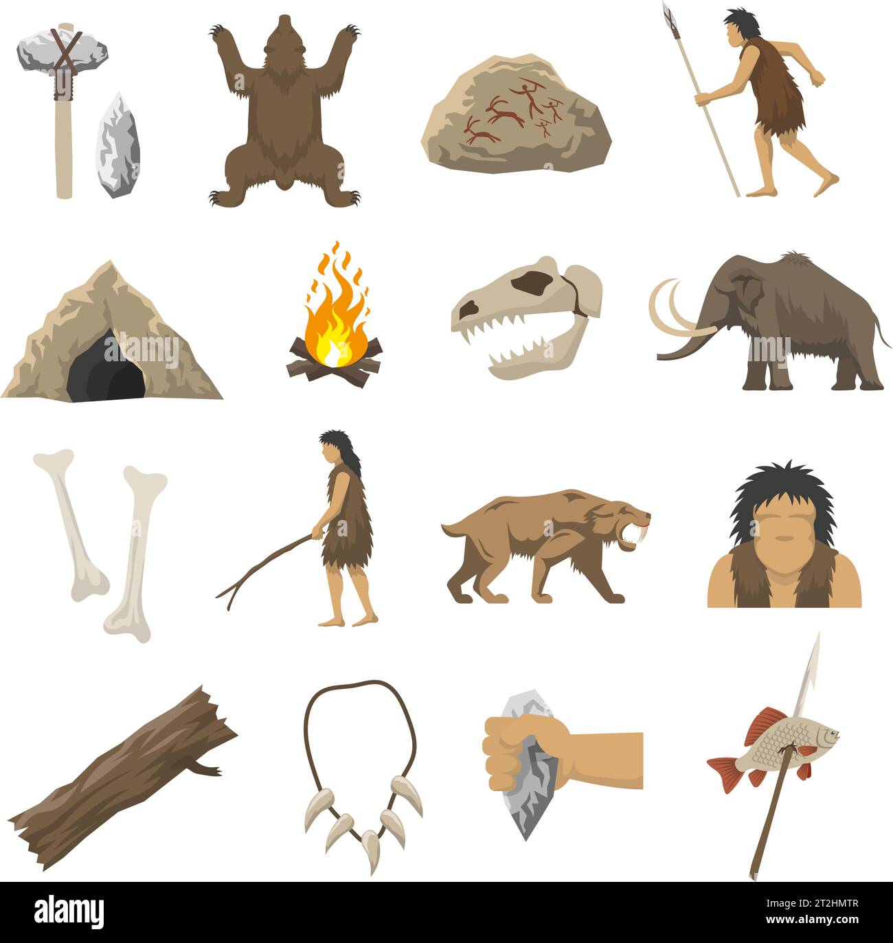 Set color icons with elements of life in stone age caveman cave bonfire ...