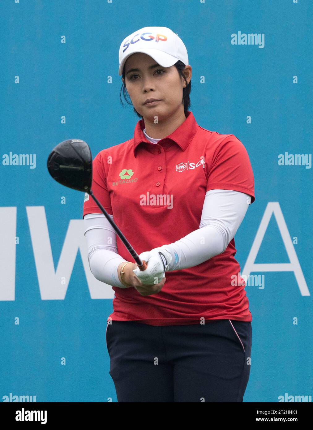Paju, South Korea. 19th Oct, 2023. Moriya Jutanugan from Thailand, plays drives from a tee shot ...