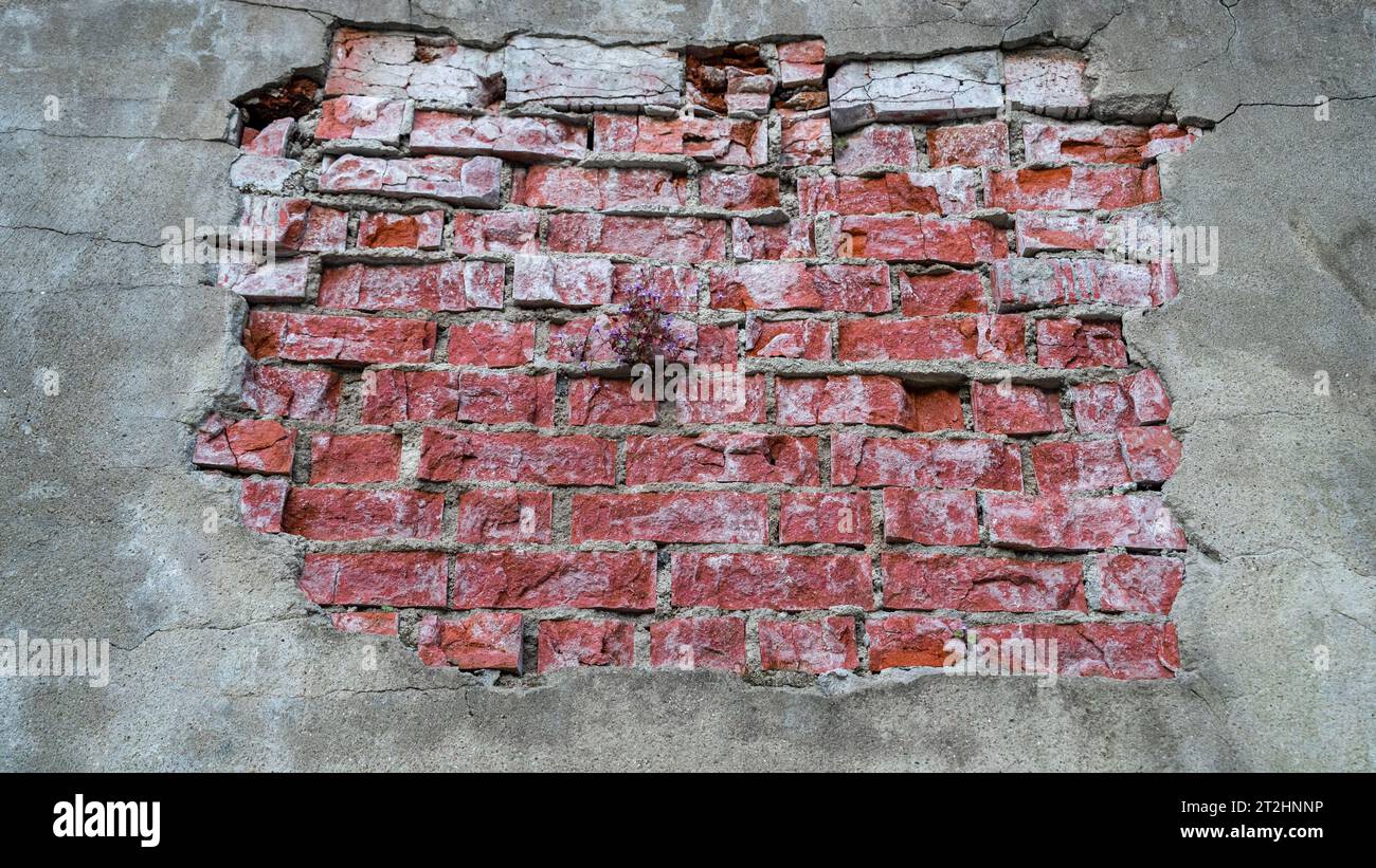Cracked cement wall with red brick texture. Background Stock Photo - Alamy