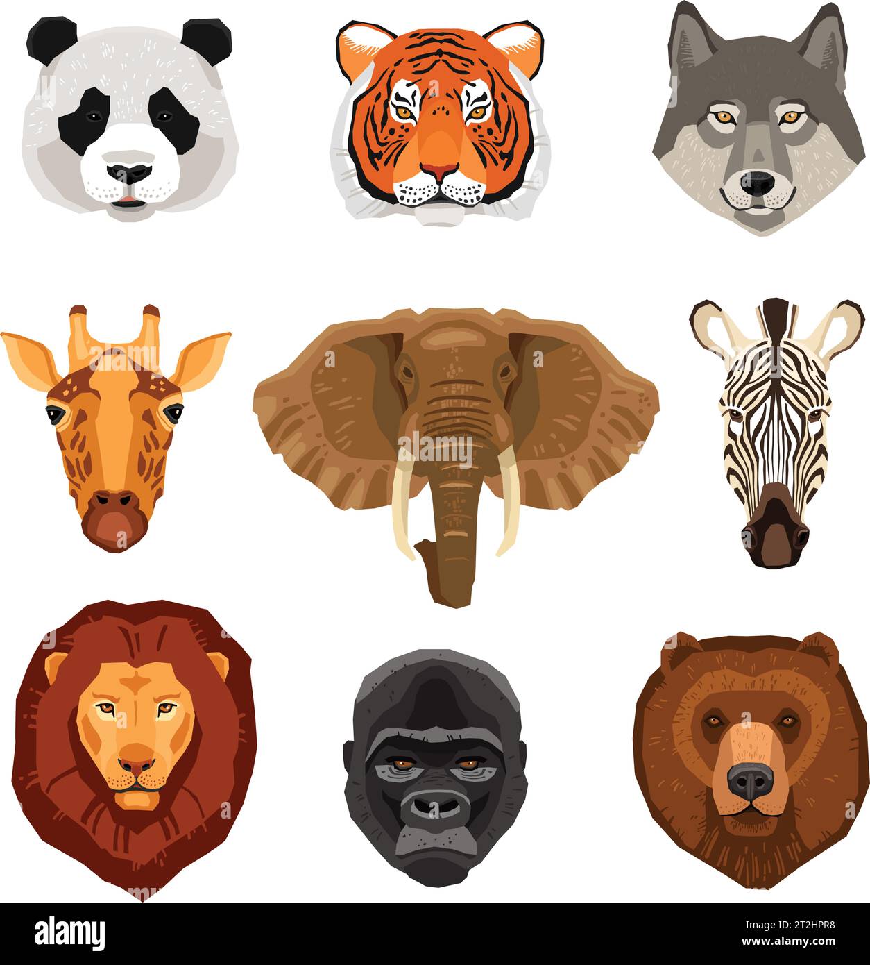 Images set of wild animals portraits drawn in flat style isolated ...