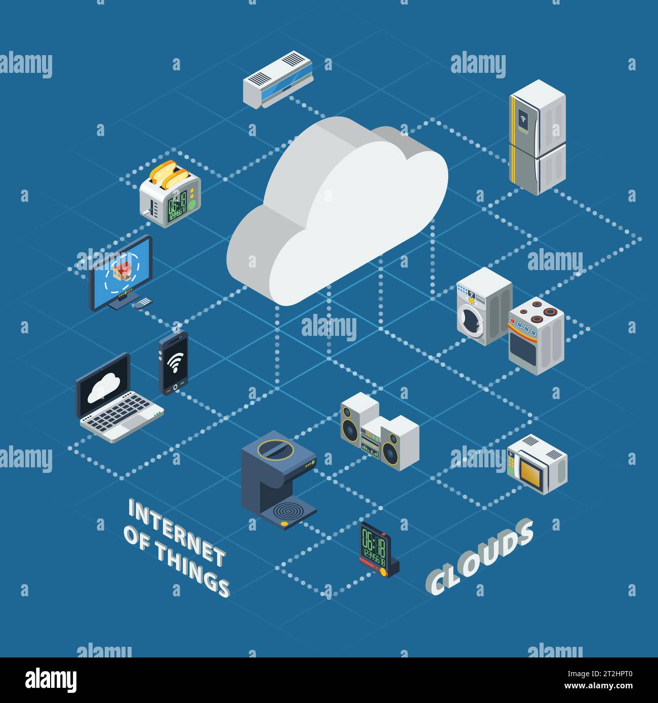 Internet of things cloud isometric scheme with dotted line on the blue background vector ...