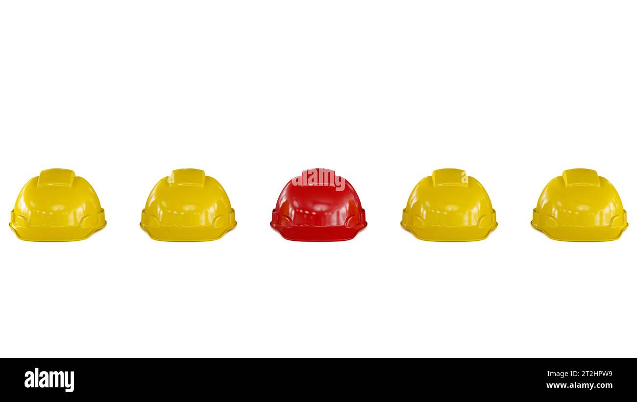 Line of yellow safety helmets with a red one Stock Photo - Alamy