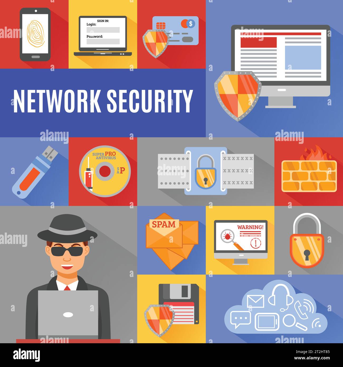Network security decorative icons set of smartphone credit card laptop ...