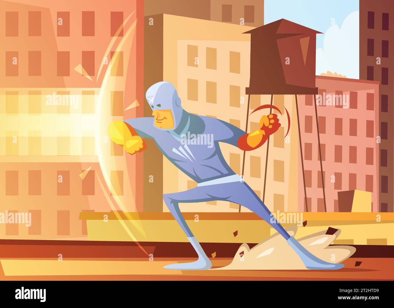 Superhero protecting the city from evil cartoon background with blocks ...