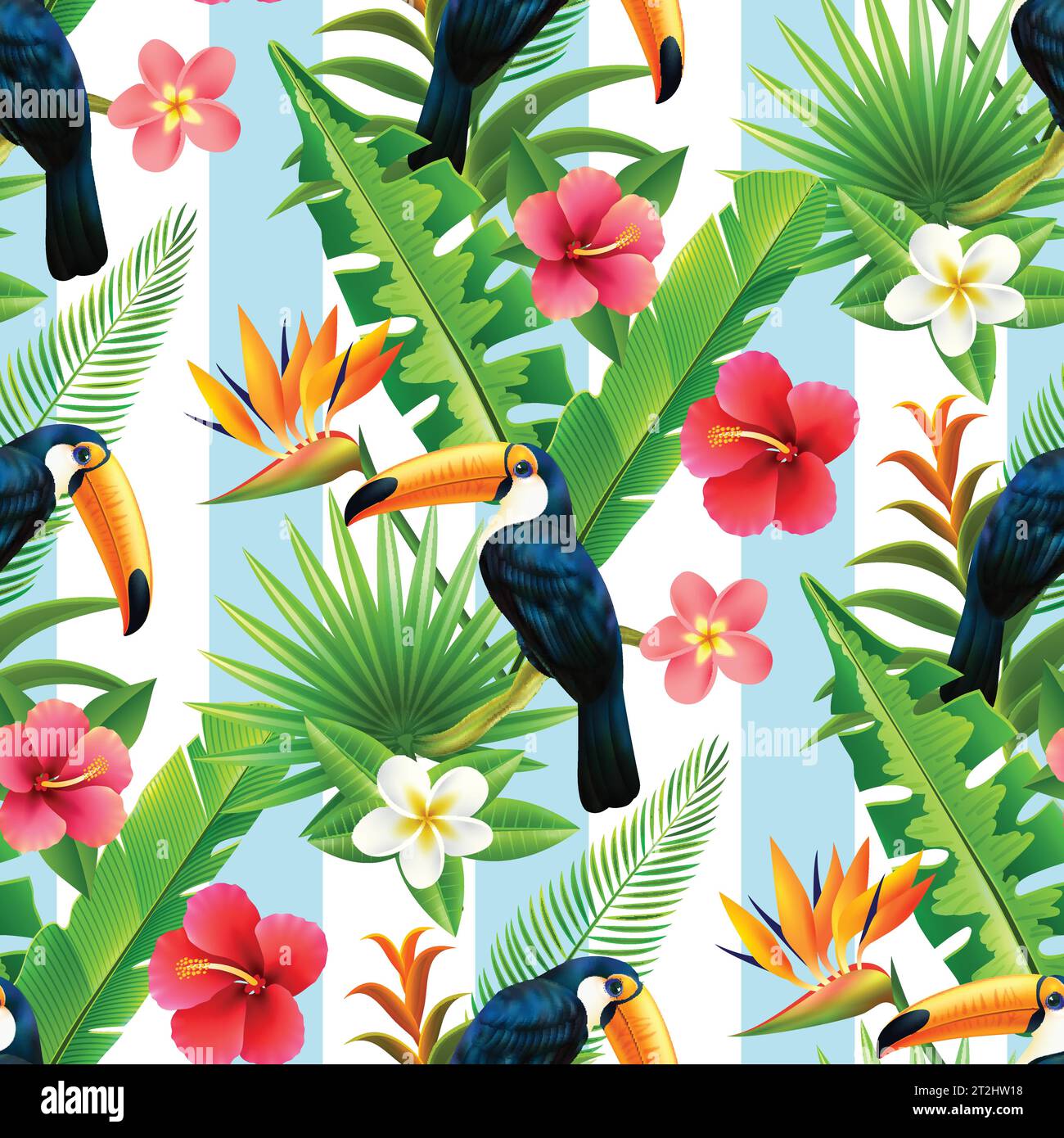 Tropical rainforest plants with toucan bird of paradise and hibiscus ...