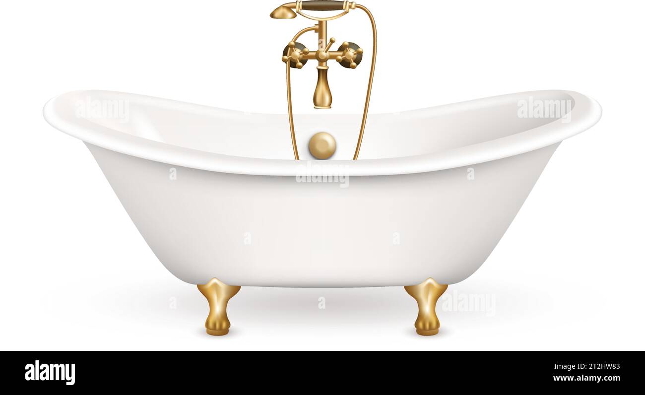 Realistic retro bathtub icon white with golden arms and legs and shadow ...