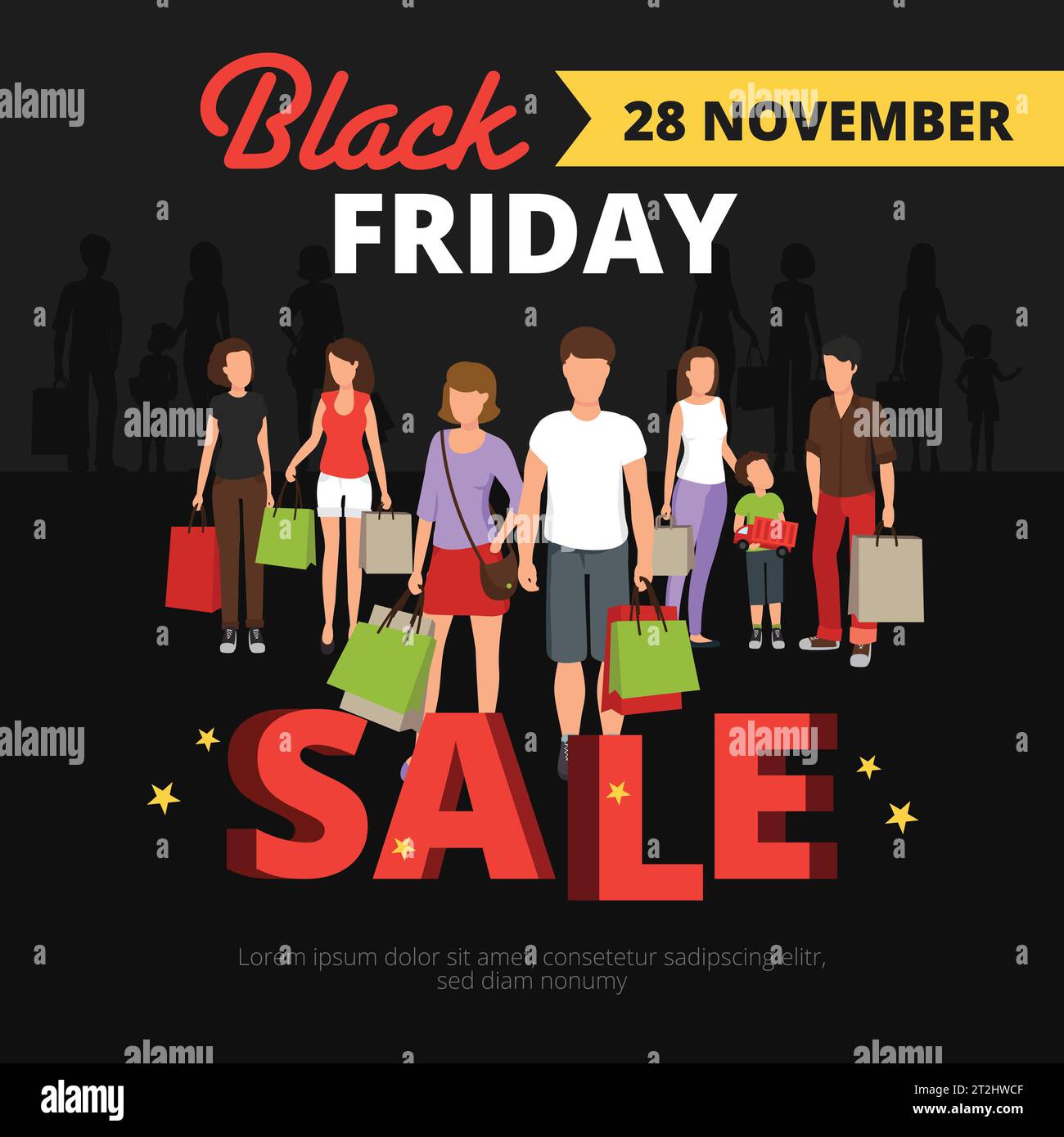 Sale poster with people and Black Friday shopping symbols flat vector illustration Stock Vector ...