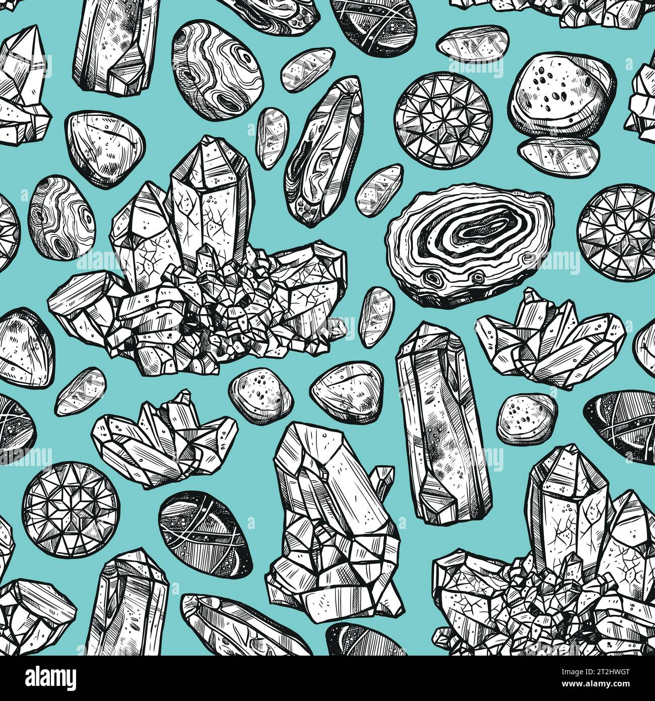 Hand drawn monochrome crystal stones rocks seamless background vector ...