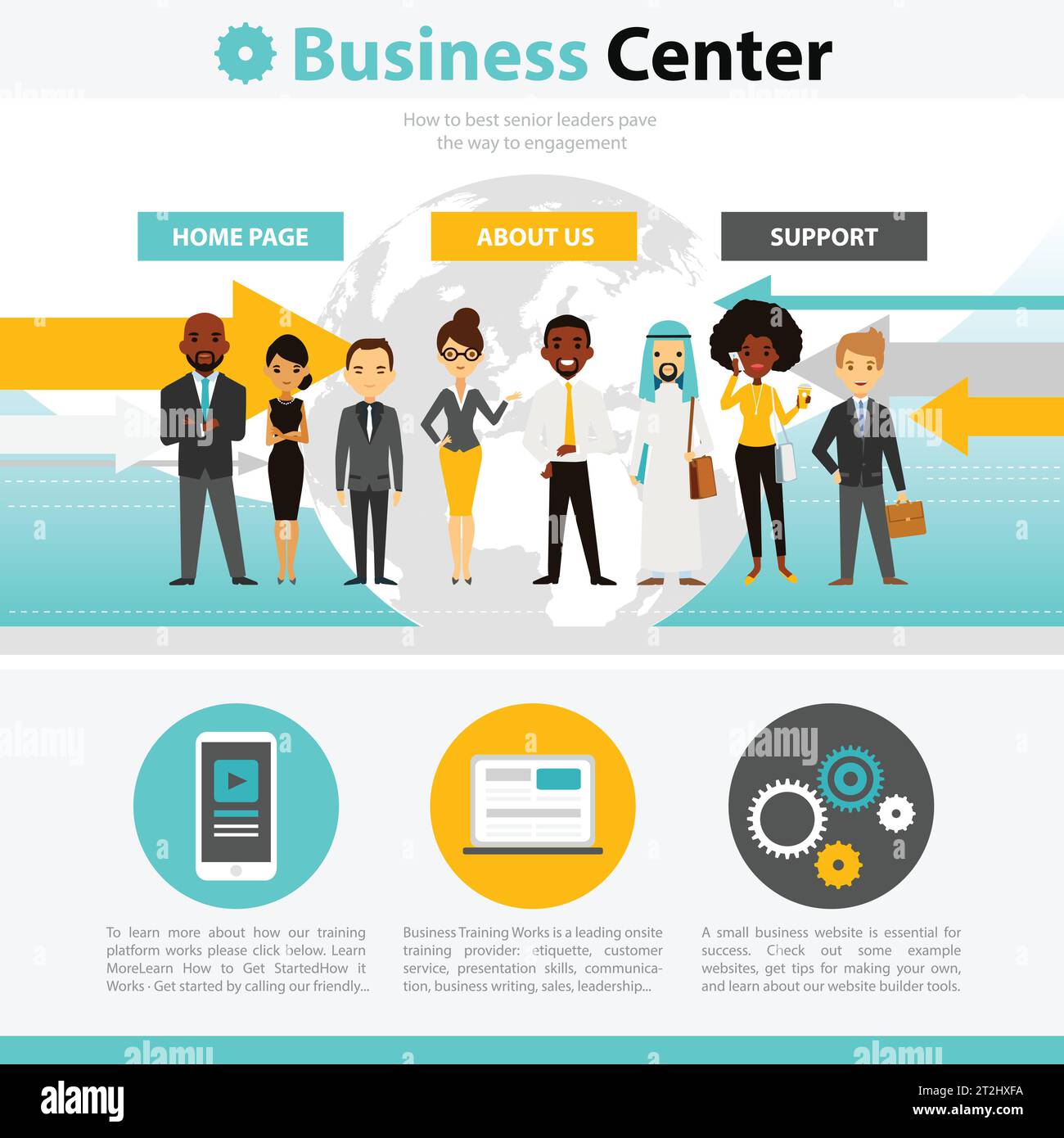 Business training for senior leaders web page infographics with contact information and ...