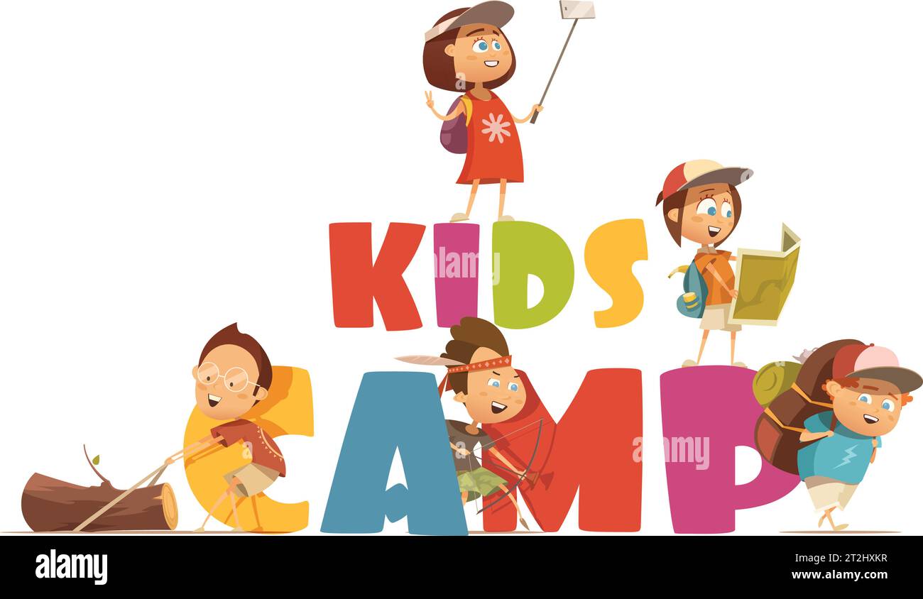 Camping kids concept with archery and map symbols cartoon vector ...