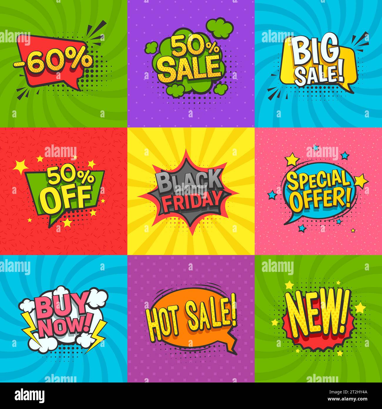 Discount comic labels set with special offer symbols flat isolated ...