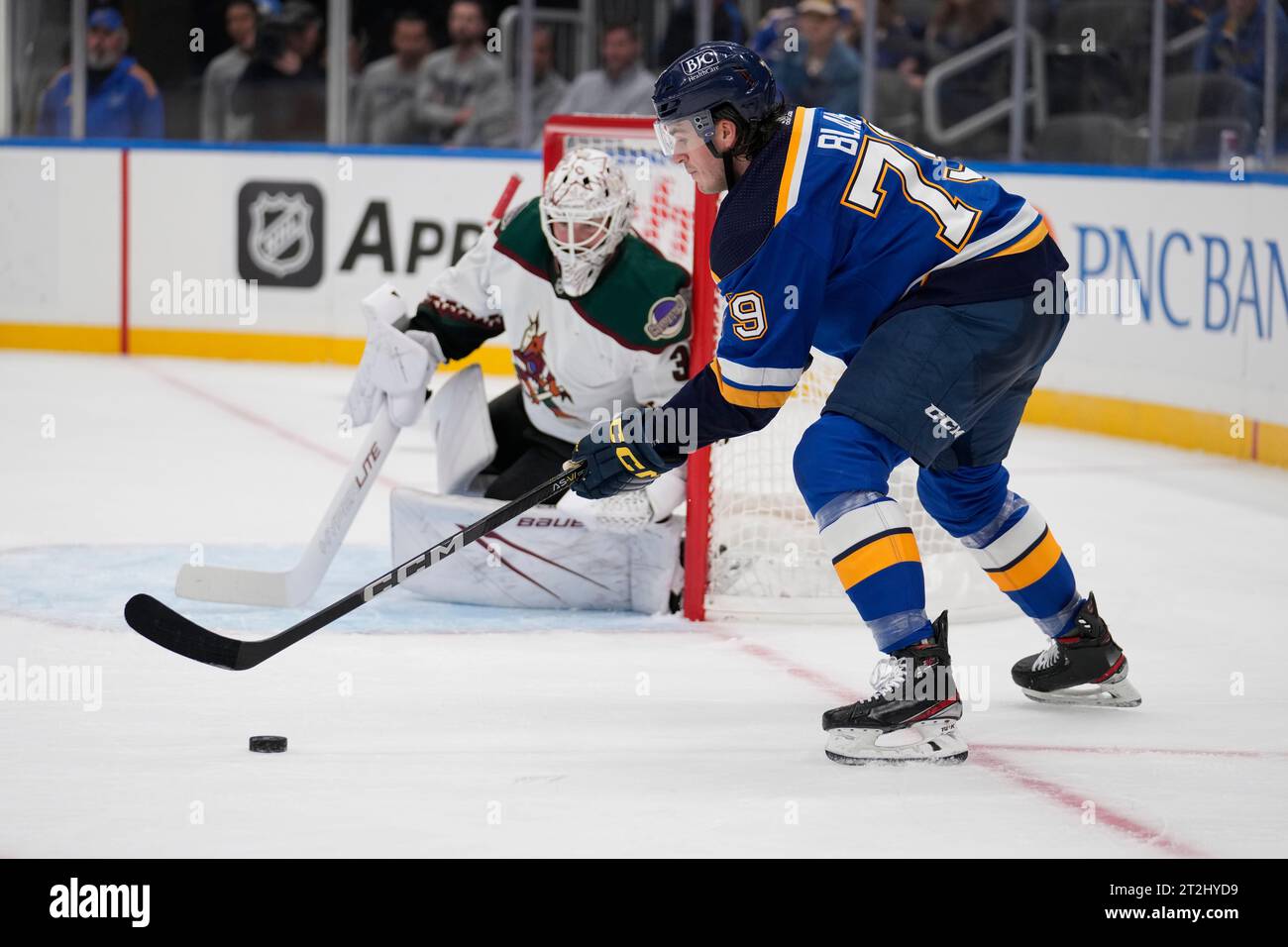 St. Louis Blues' Sammy Blais (79) handles the puck as Arizona Coyotes ...