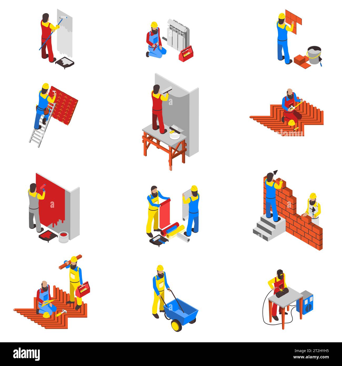 Builder people isometric icons set with equipment and tools isolated ...