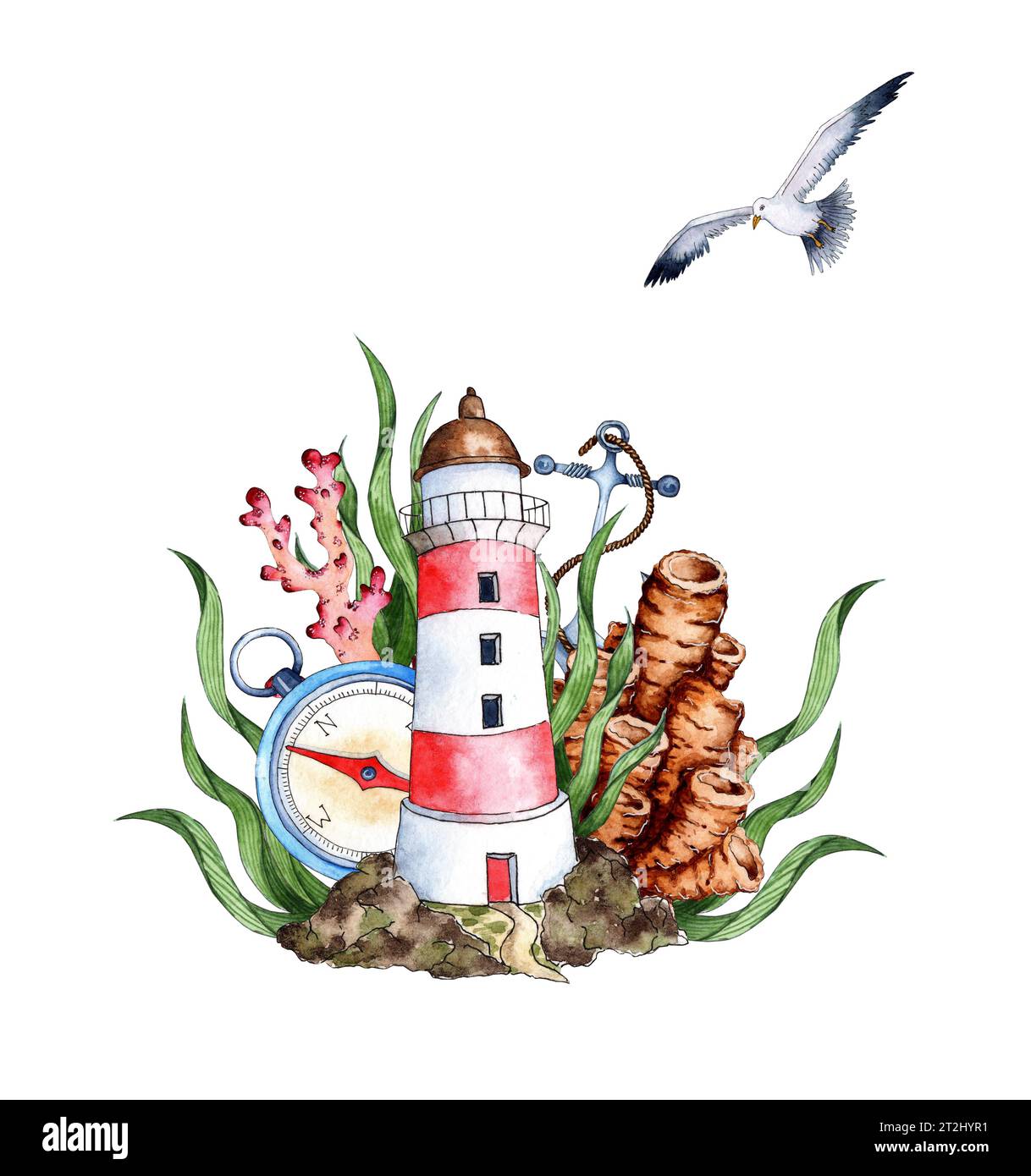 Watercolor illustration of a sea lighthouse with a compass, anchor ...