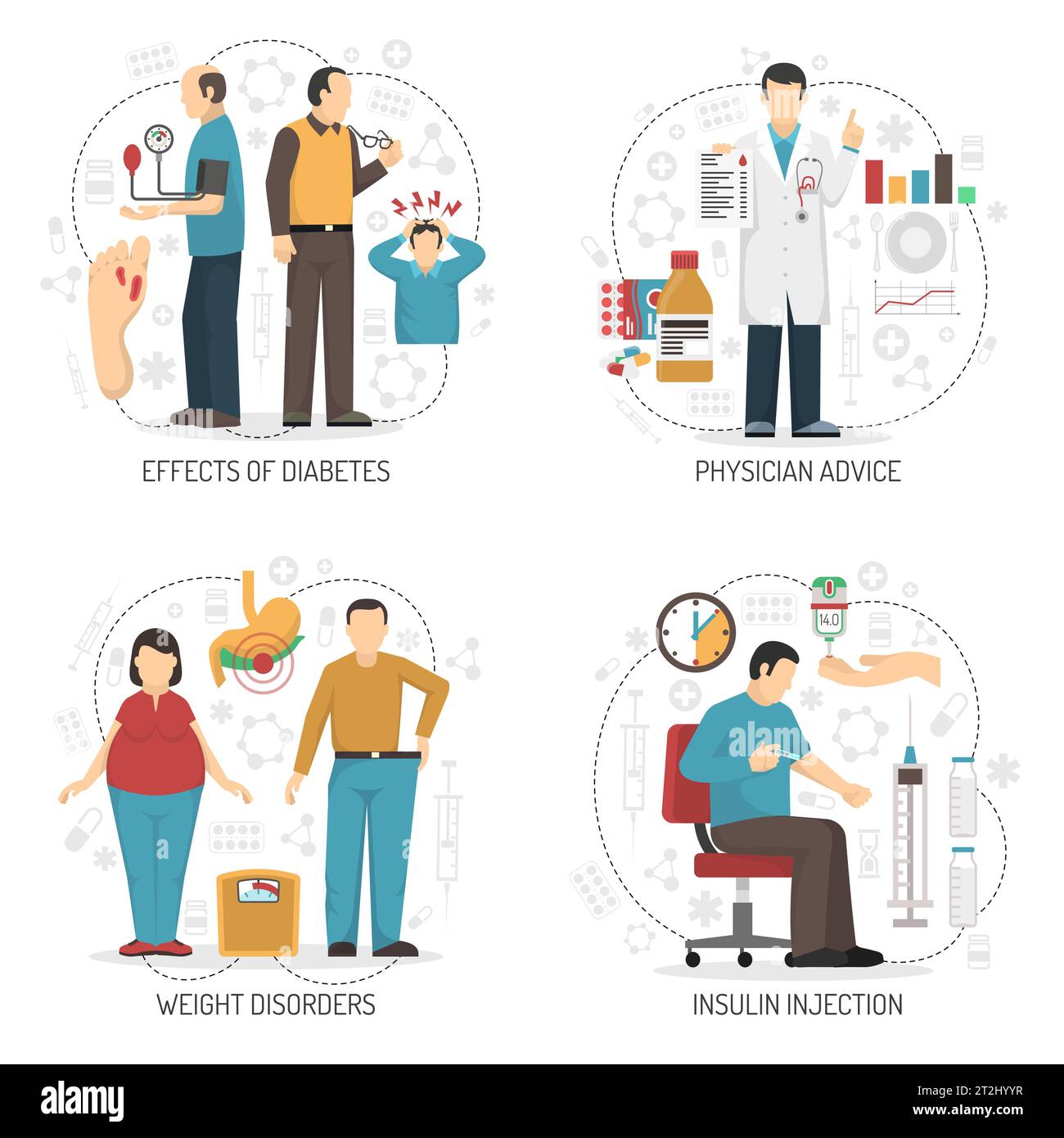 Diabetes 2x2 design concept set of symptoms weight disorders insulin ...
