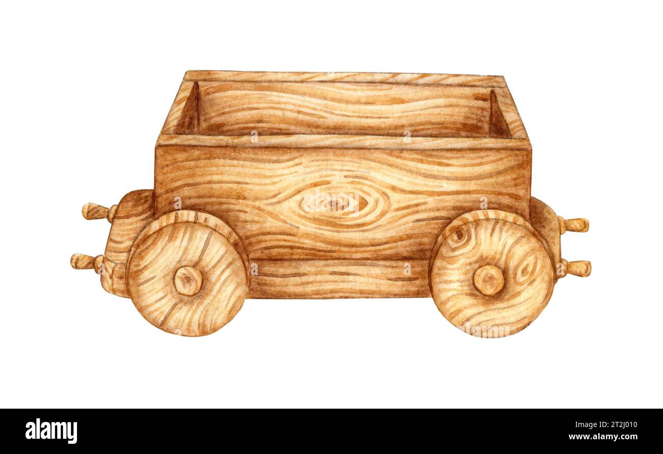 Children's toy wooden train car. Watercolor illustration of transport ...