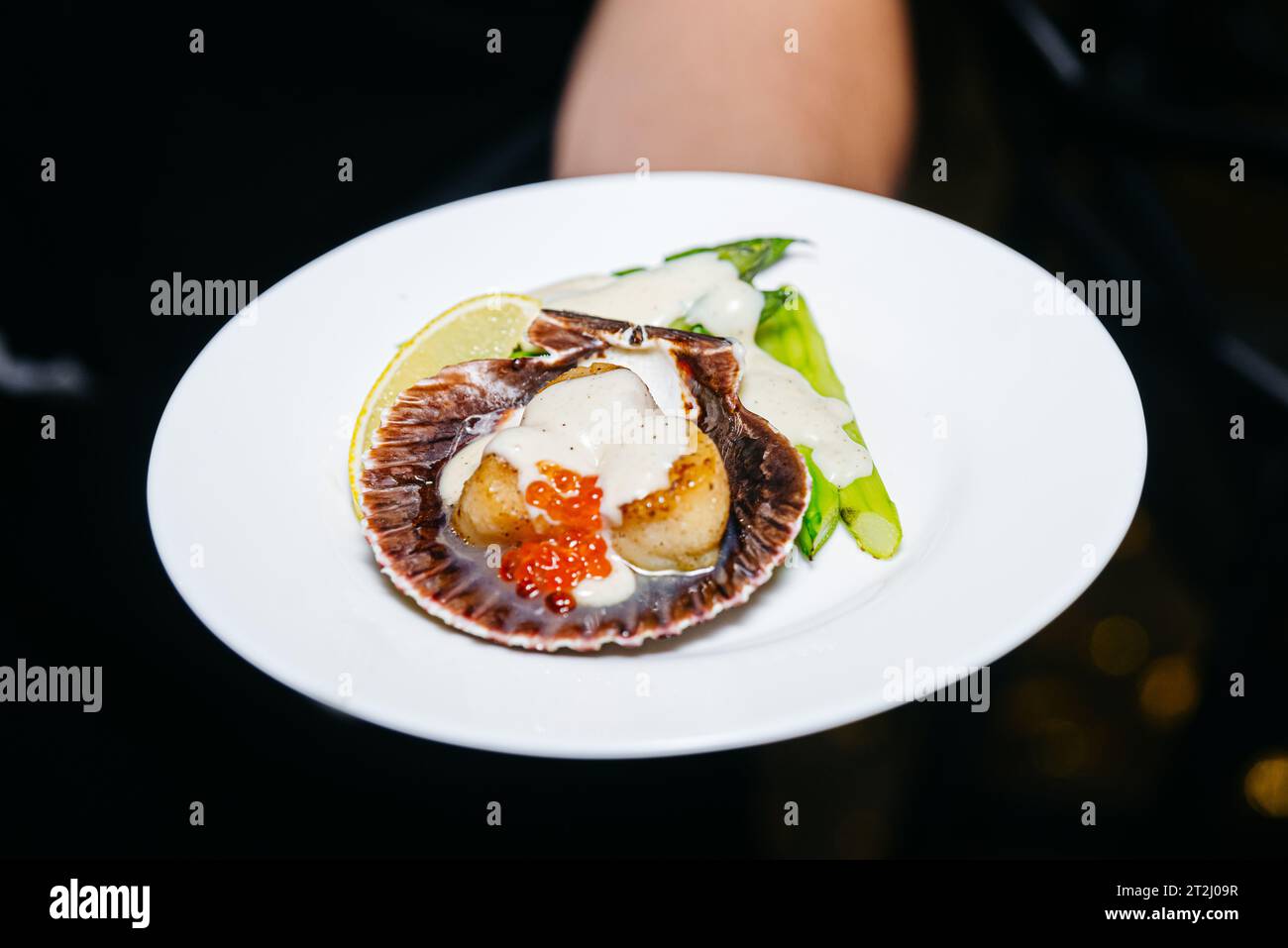 Grilled scallops in a shell with red caviar and asparagus under a sauce ...