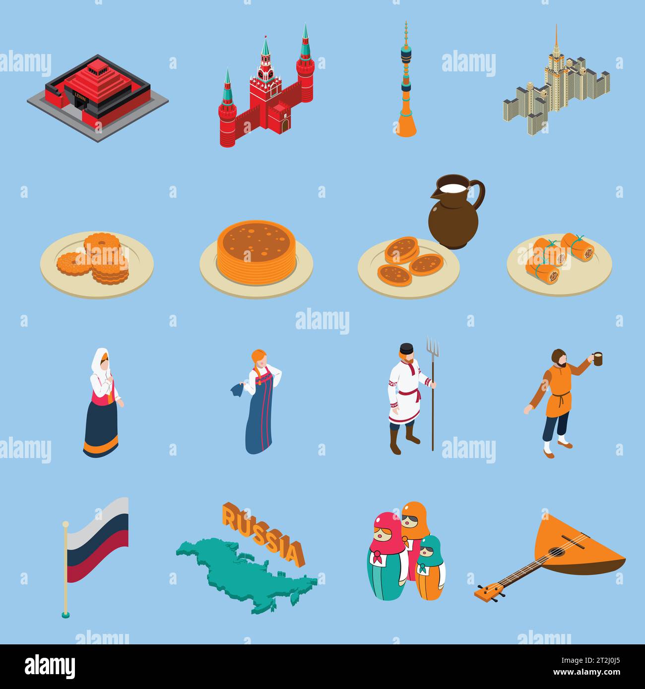 Russia isometric touristic icons set of famous buildings traditional ...