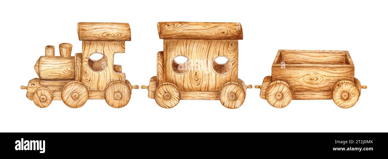Children's toy wooden train and two trailers. Watercolor illustration ...
