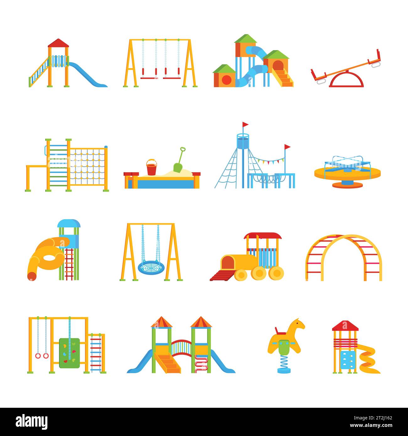 Sixteen isolated childrens playground equipment elements set with flat ...