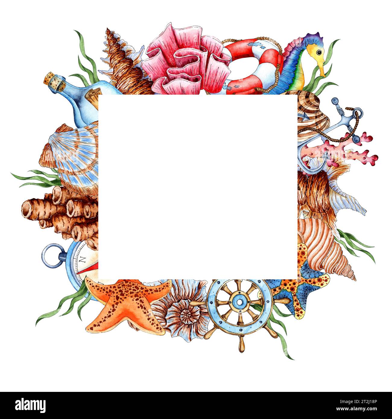 Watercolor illustration square frame with nautical elements ...