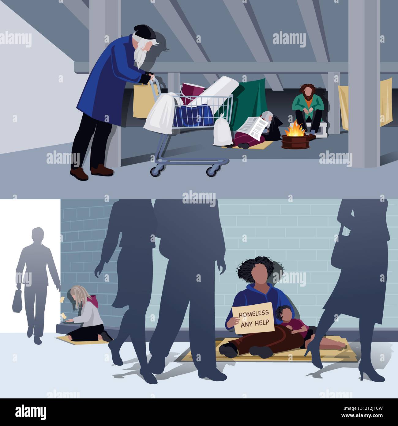 Homeless people flat horizontal compositions of hungry begging alms and ...