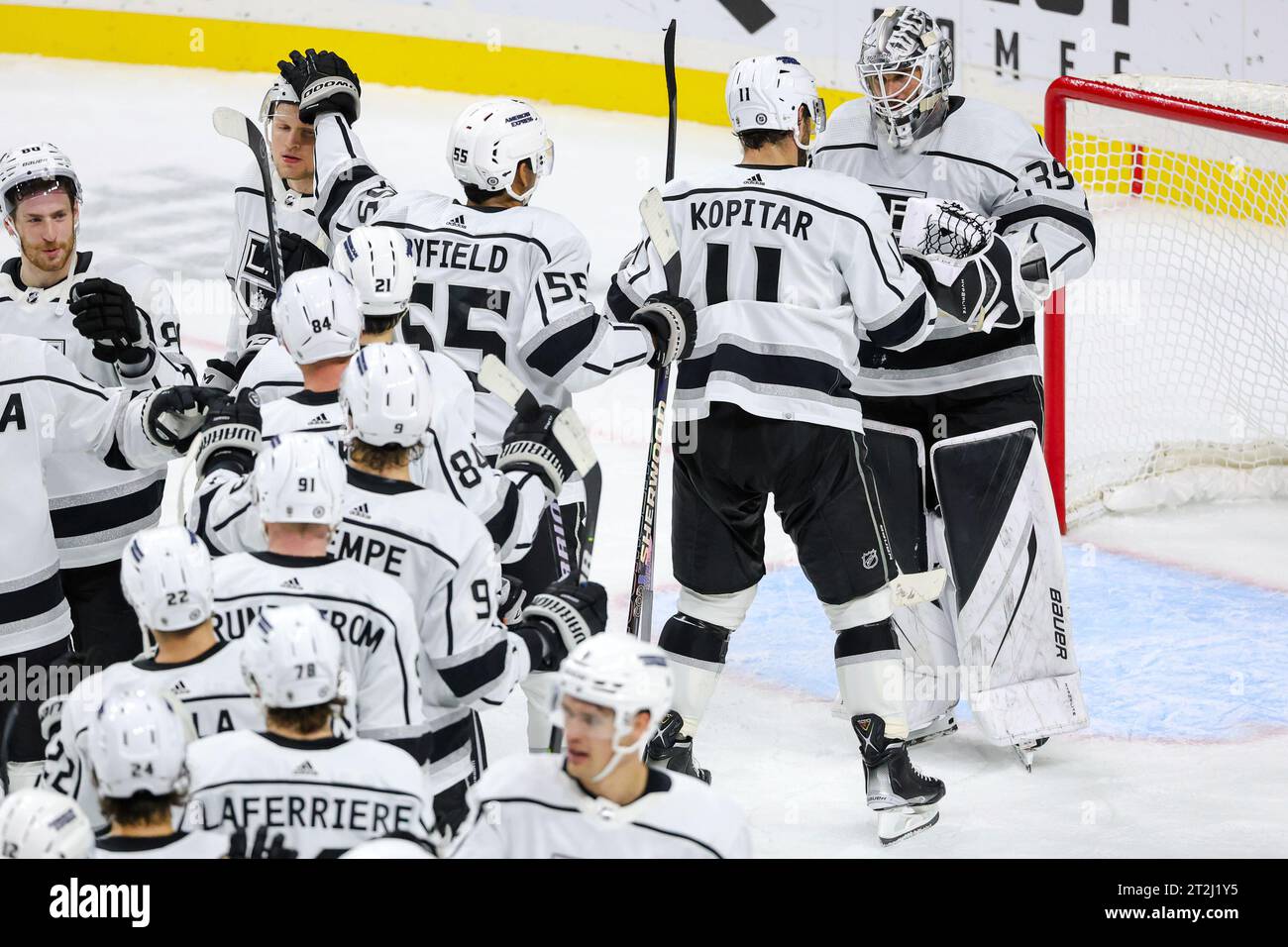 Los Angeles Kings goaltender Cam Talbot, right, is congratulated by ...