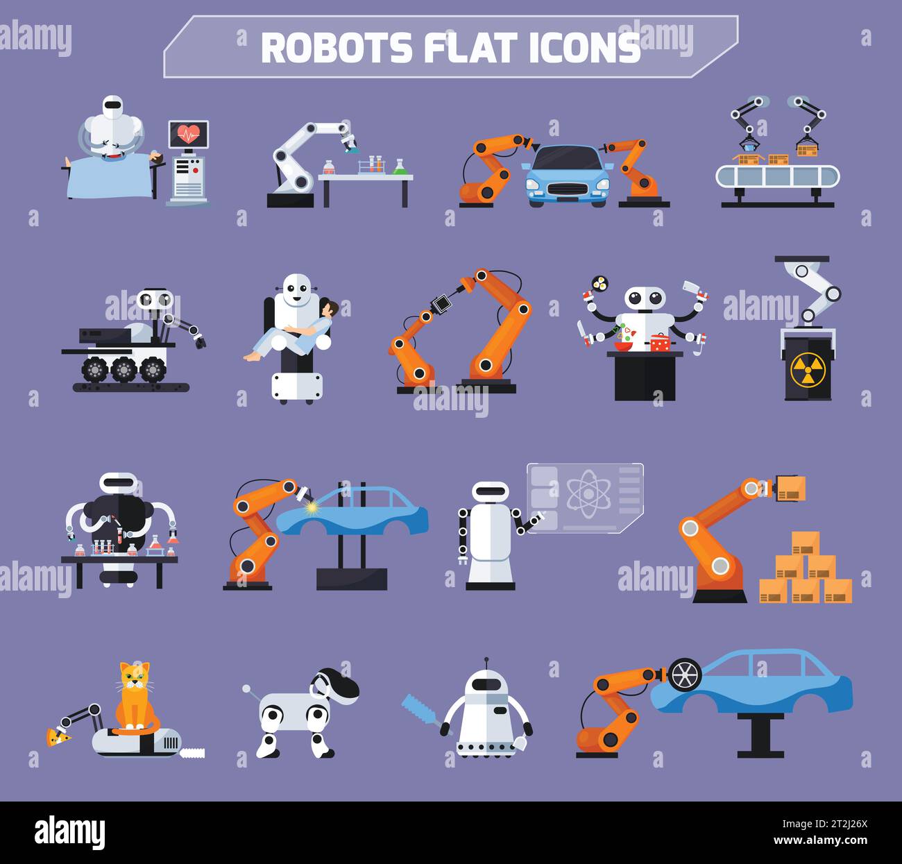 Robots icons set with technology symbols flat isolated vector ...