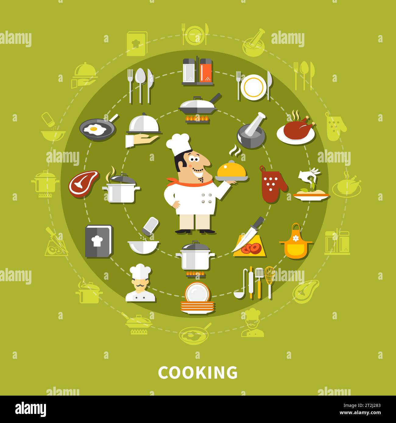 Cooking icons circle collection with chef fried chicken steak apron ...