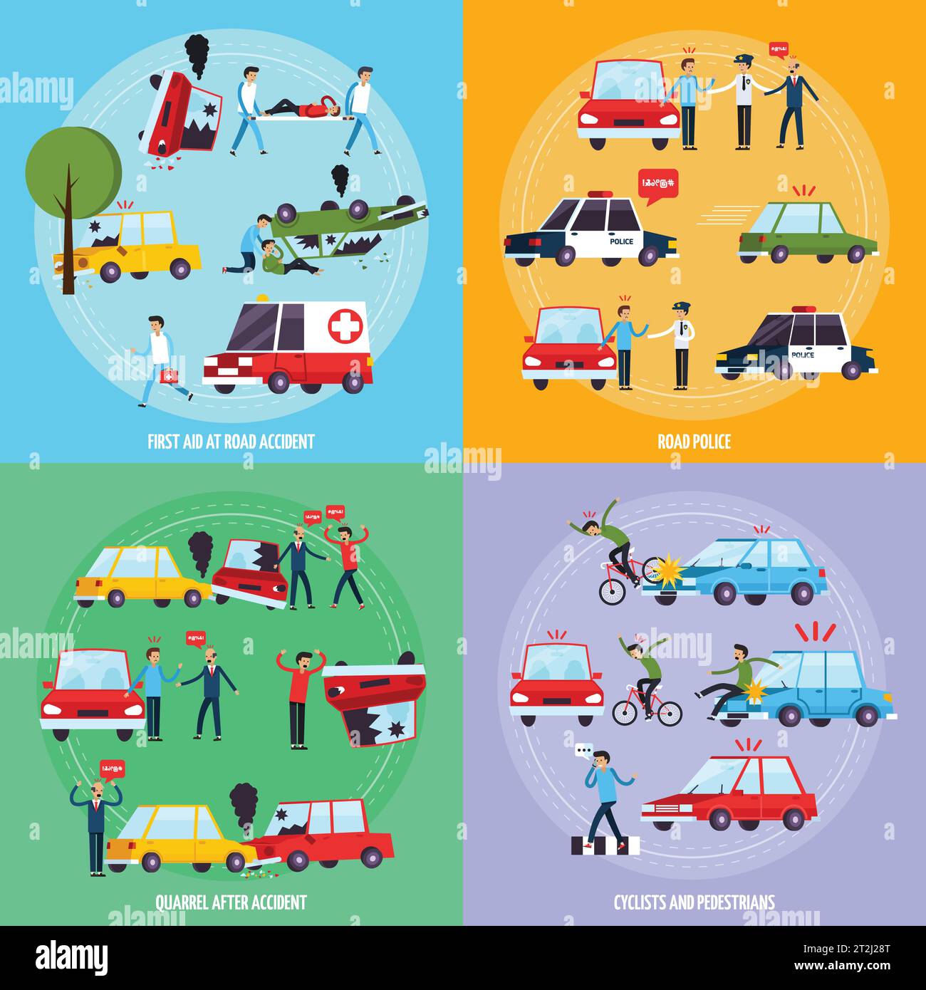 Road accident concept icons set with cyclists and pedestrians symbols ...