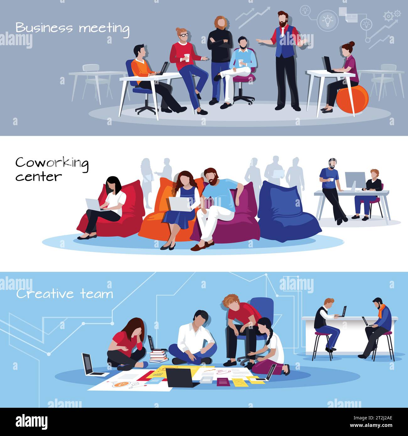 Coworking people horizontal banners with business meating coworking ...