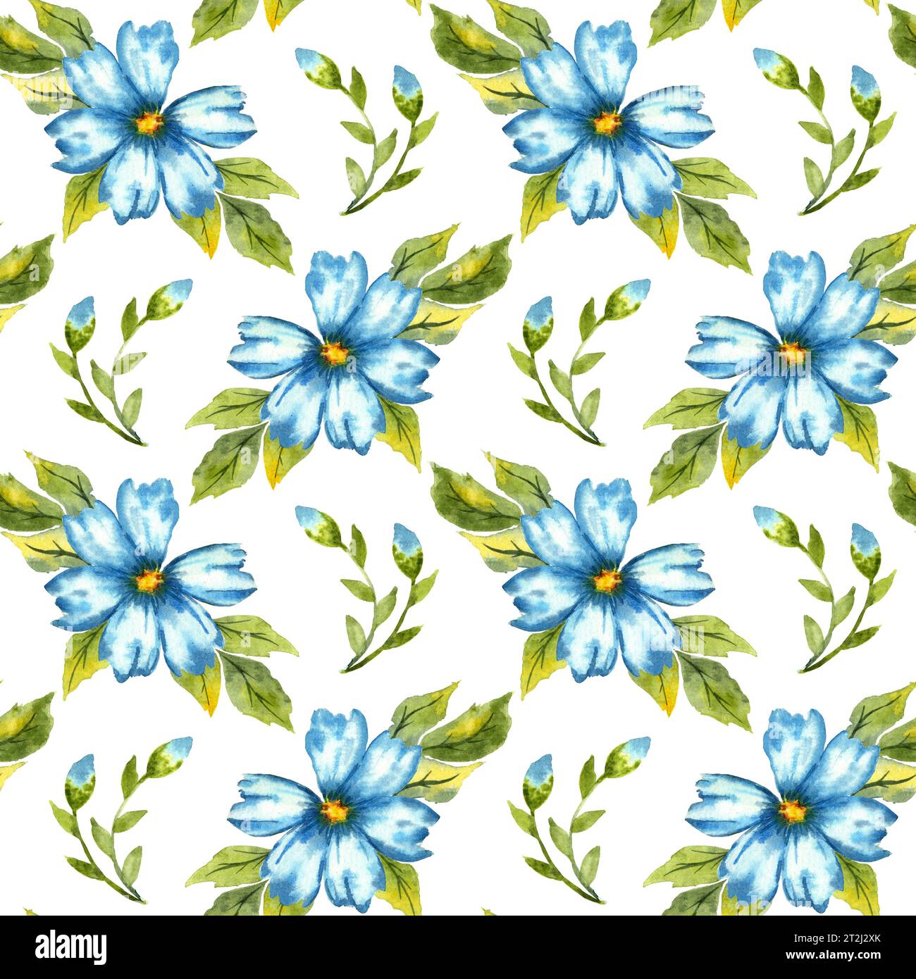 Watercolor illustration of a pattern of blue flowers with buds. Colors ...