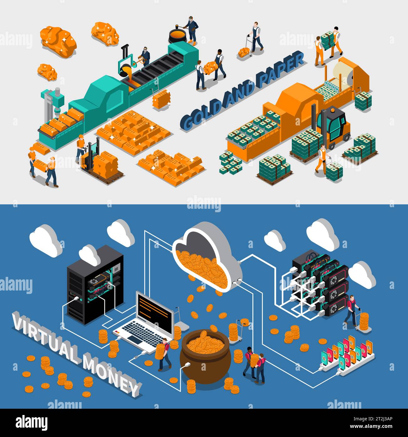 Industry isometric horizontal banners with gold paper and virtual money ...