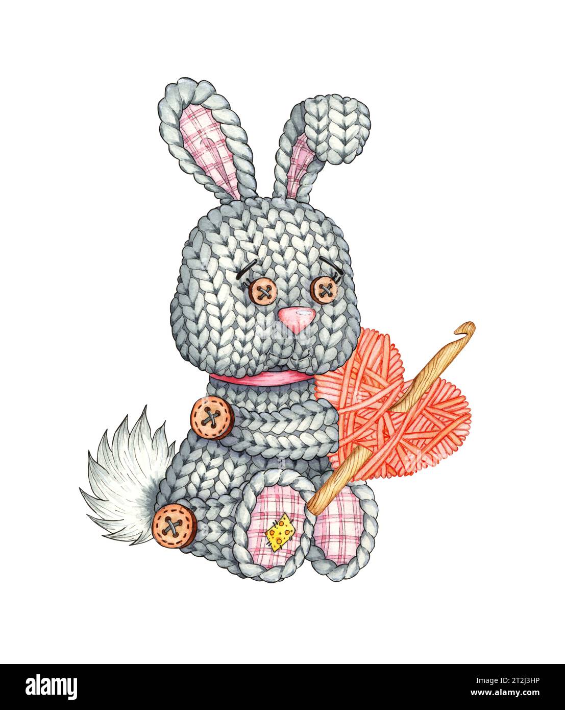 Watercolor illustration of a knitted gray rabbit, a ball of thread and ...