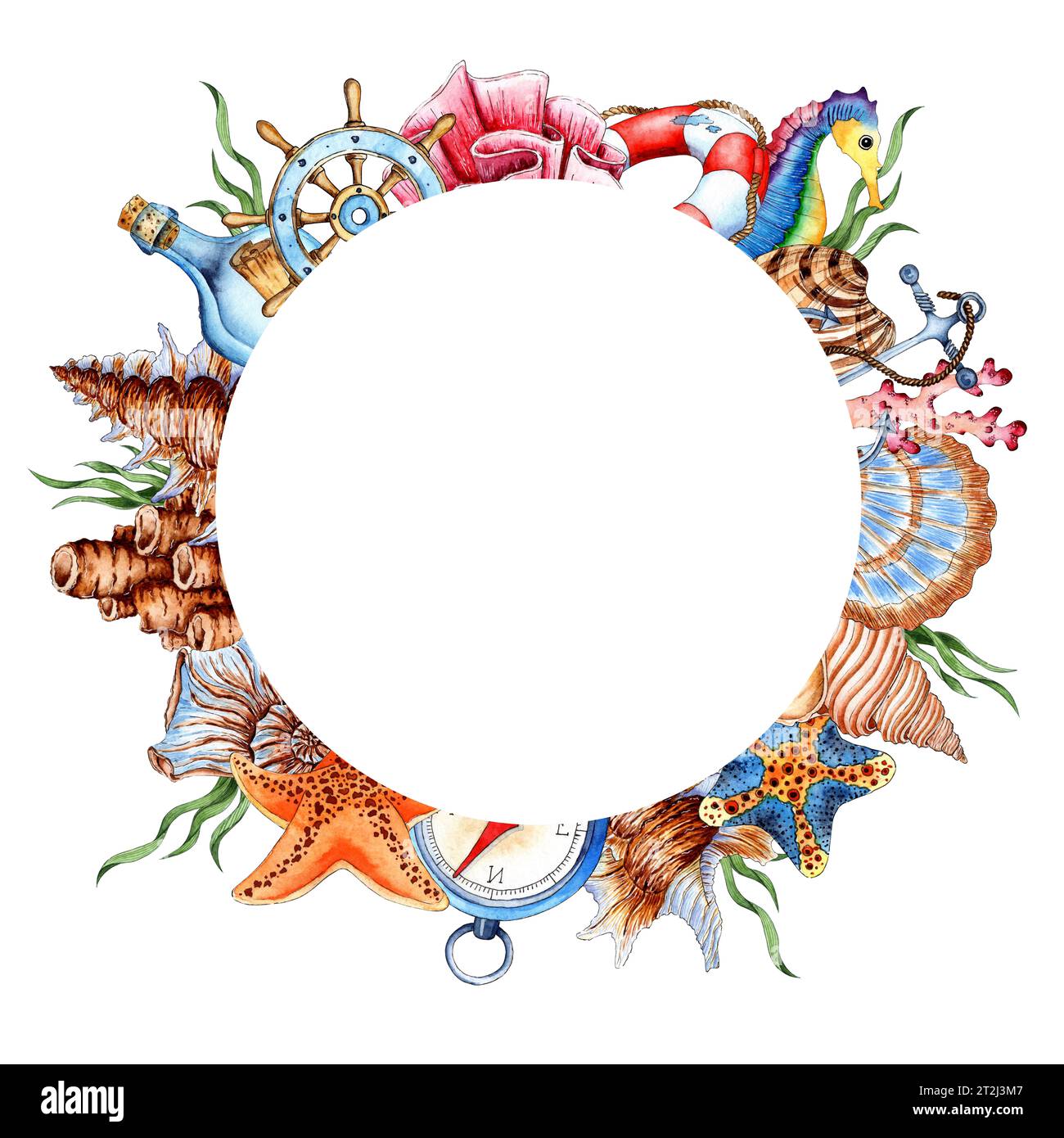 Watercolor illustration round frame with nautical elements. Composition ...