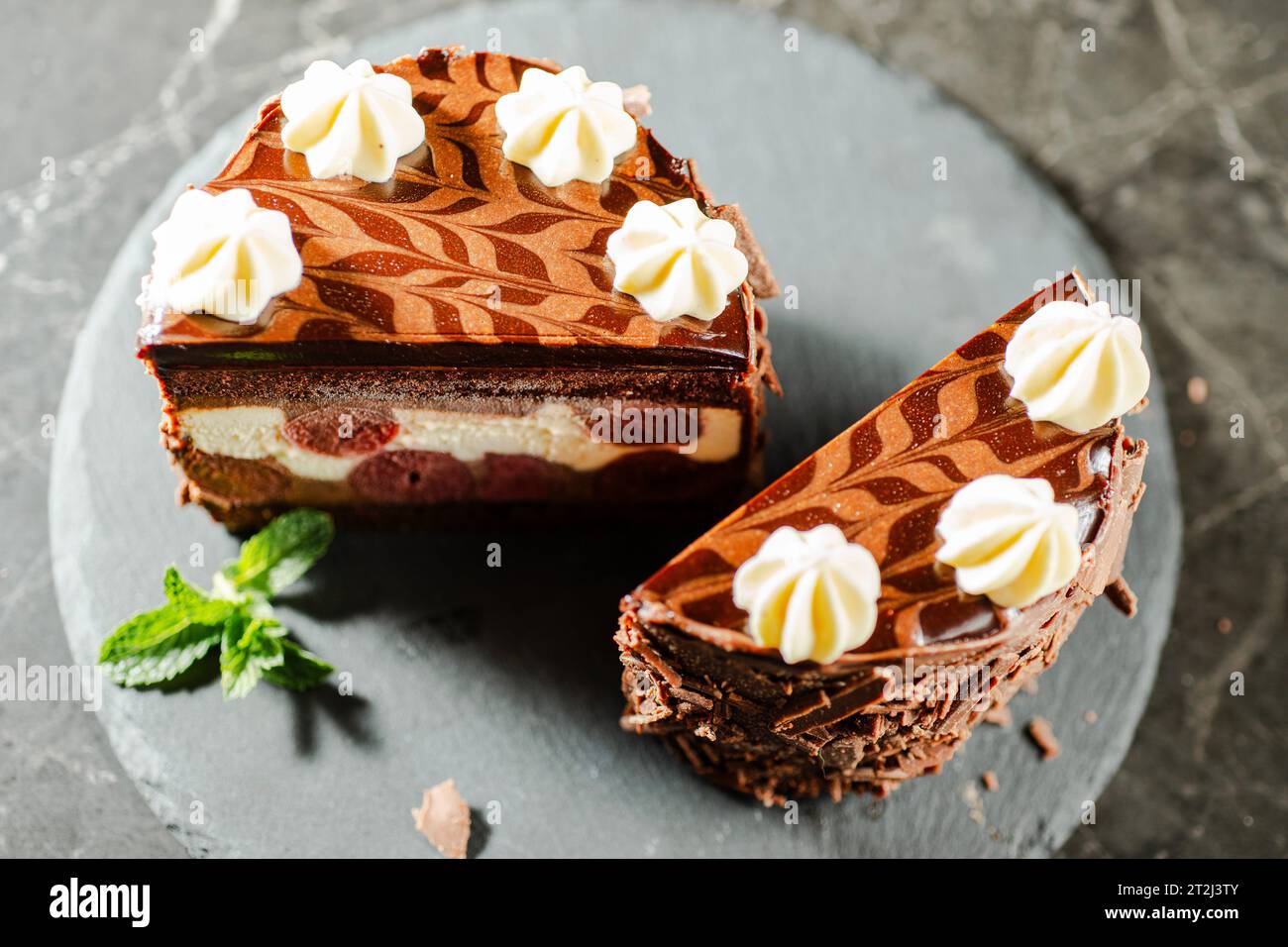 Black forest gateaux cake with chocolate Genoese sponge, creamy ganache ...