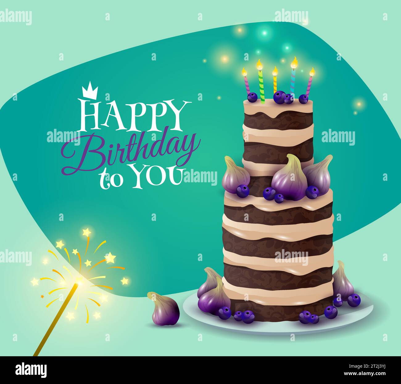 Birthday cake card with celebration and greeting symbols cartoon vector ...